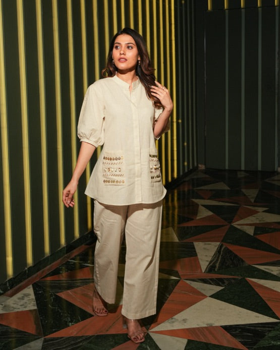 Beige Pocket Embroidered Coord Set – Kalaloom